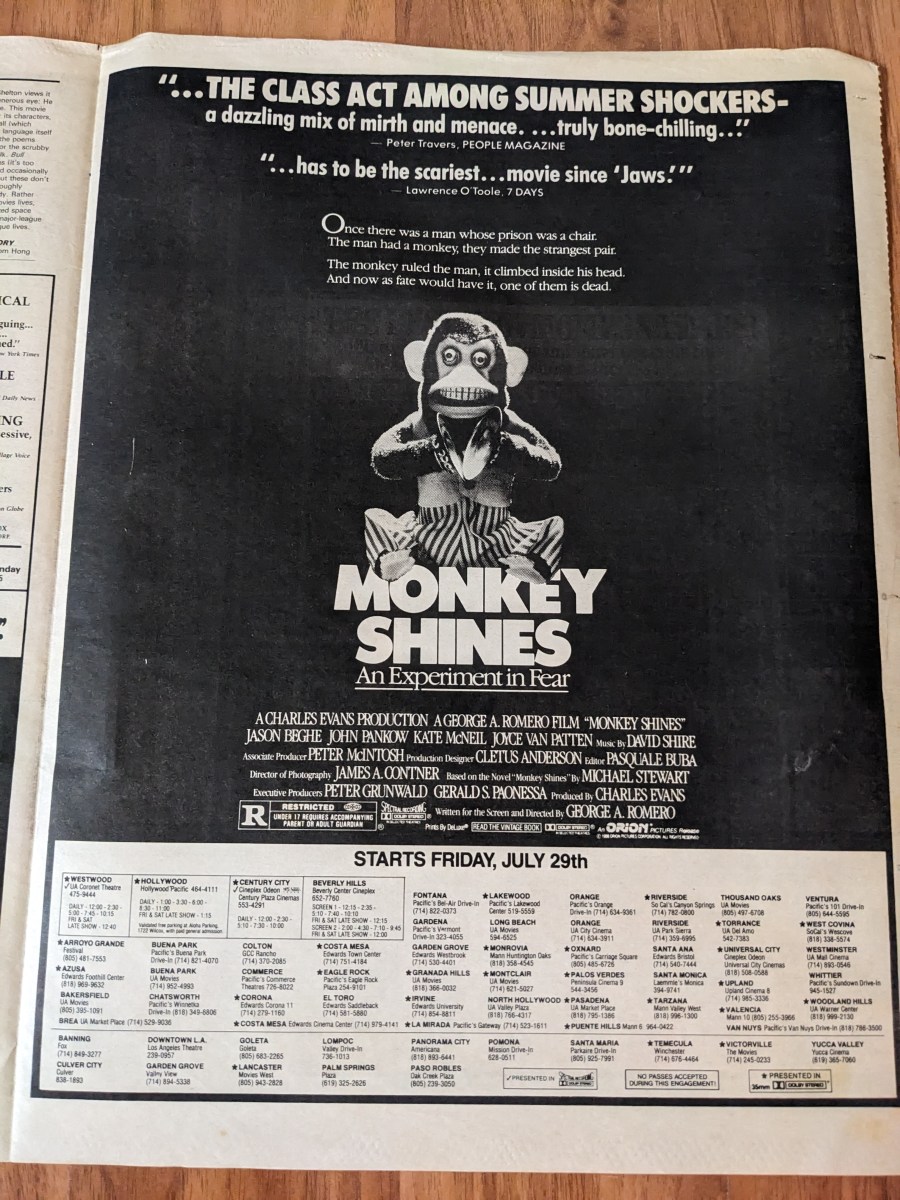 Fear Flashbacks! – MONKEY SHINES (1988) – UNBOUND HORROR BLOG